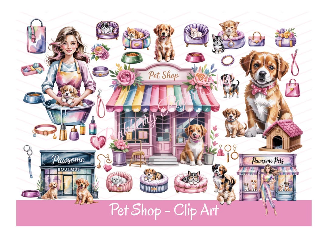 Pastel Pet Shop Clip Art Bundle, Puppy, Kitten, Grooming PNG (digital ...