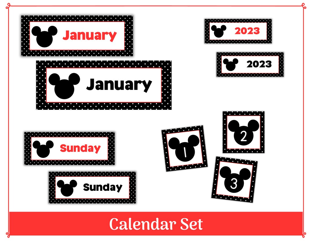 Mickey Classroom Calendar Set Printable Black Polka Dot Classroom ...