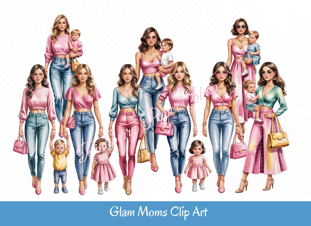 Glam Moms Fashion Clip Art Bundle – Pink Chic Women & Children, PNG - Etsy