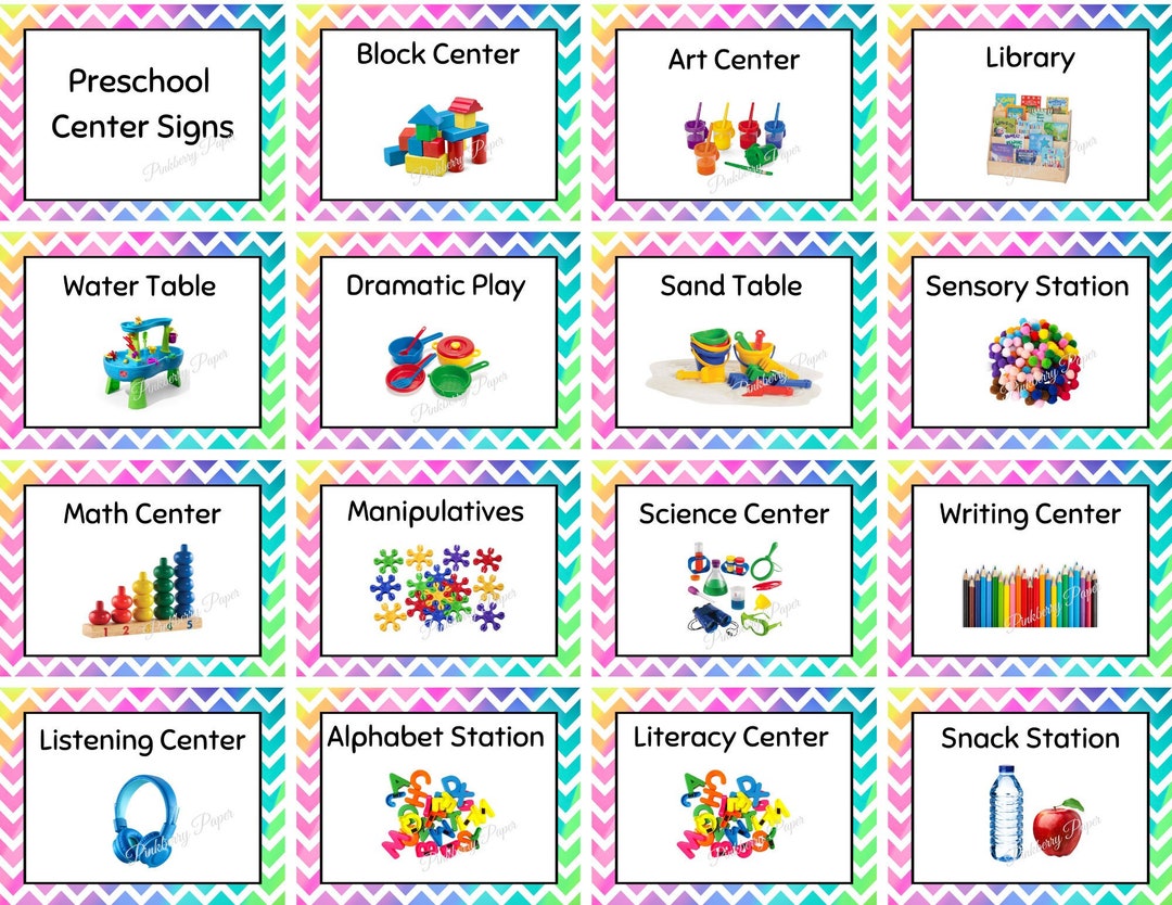 Rainbow Chevron Preschool Center Signs | Set of 15 Printable Classroom ...