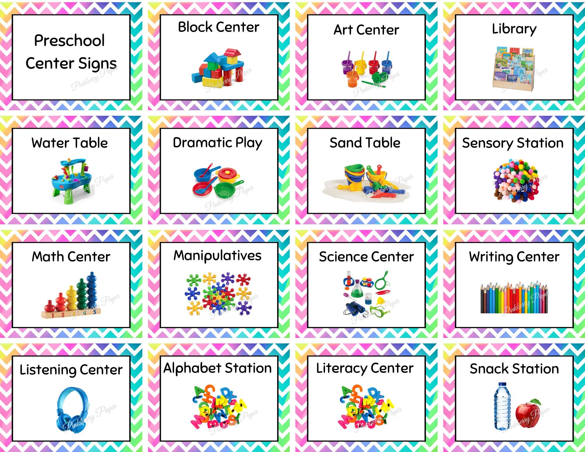 Rainbow Chevron Preschool Center Signs | Set of 15 Printable Classroom ...