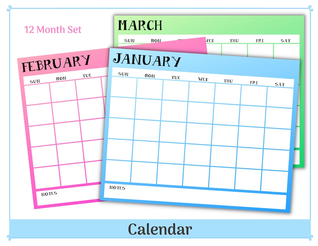 Blank Calendar | Colorful Non Dated Calendars | Printable Calendar - Etsy