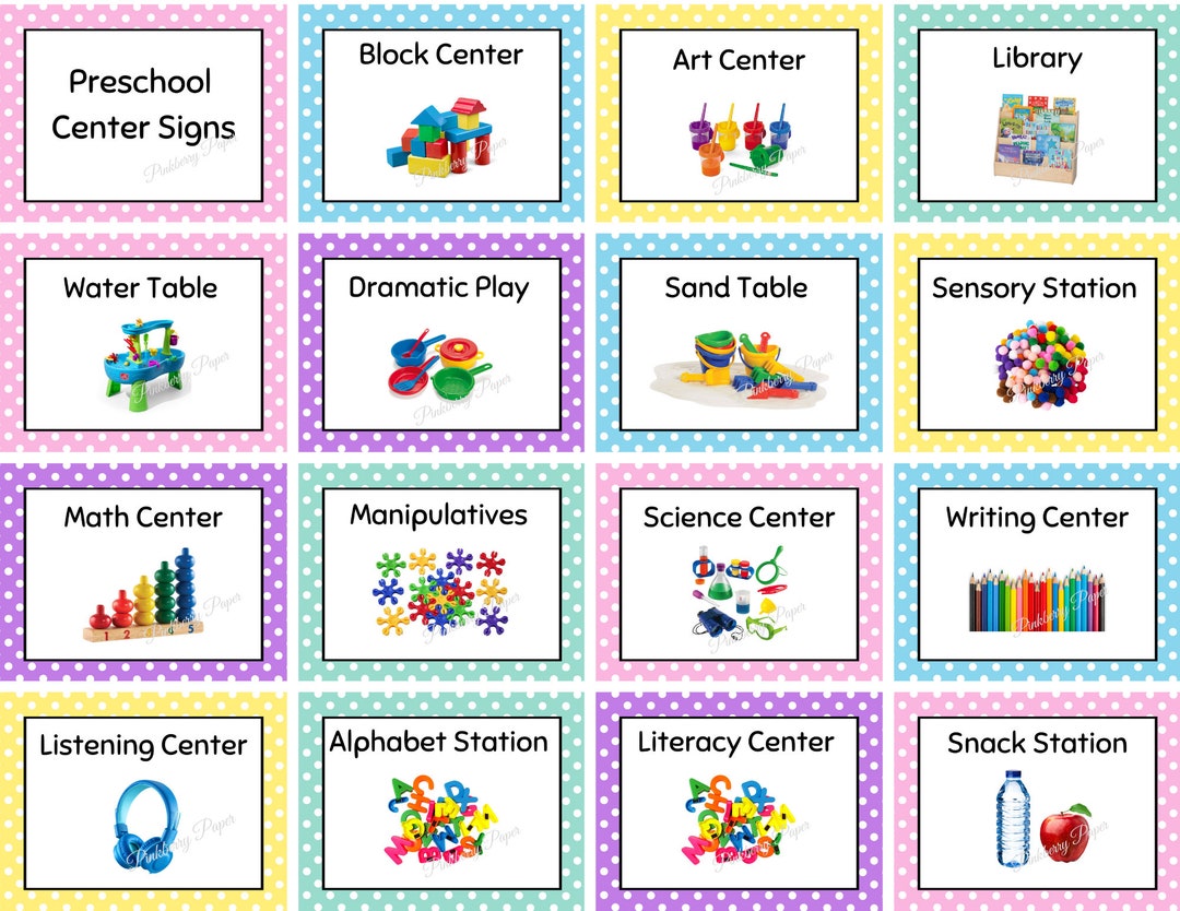 Preschool Center Signs Pastel Polka Dot Center Signs Set of 15 ...