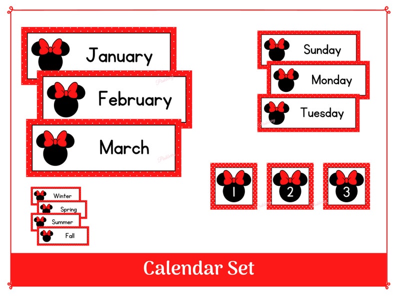 Red Polka Dot Minnie Classroom Calendar Set Printable - Etsy