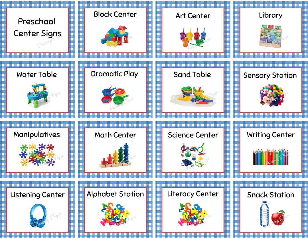 Blue Plaid Preschool Center Signs | Set of 15 Printable Classroom ...