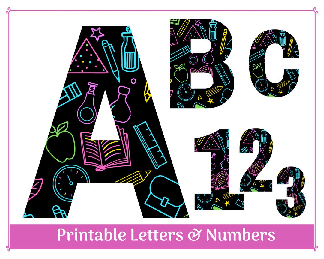 School Themed Printable Alphabet Letters A-Z, Numbers 0-9 | Banner, Classroom Bulletin Boards ...