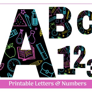 School Themed Printable Alphabet Letters A-Z, Numbers 0-9 | Banner ...