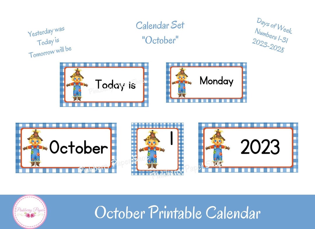 October Classroom Calendar Header and Numbers Blue Plaid Scarecrow ...