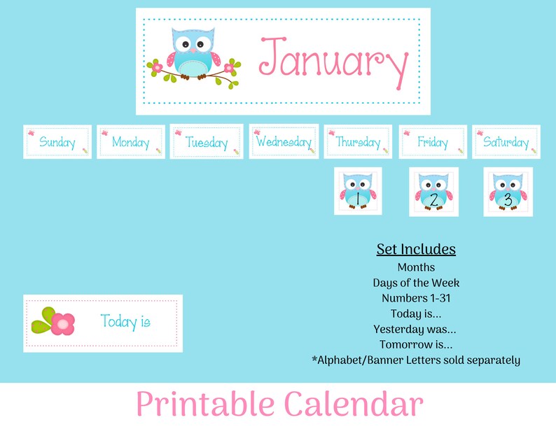 Printable Classroom Calendar Pink and Blue Owl Themed | Etsy