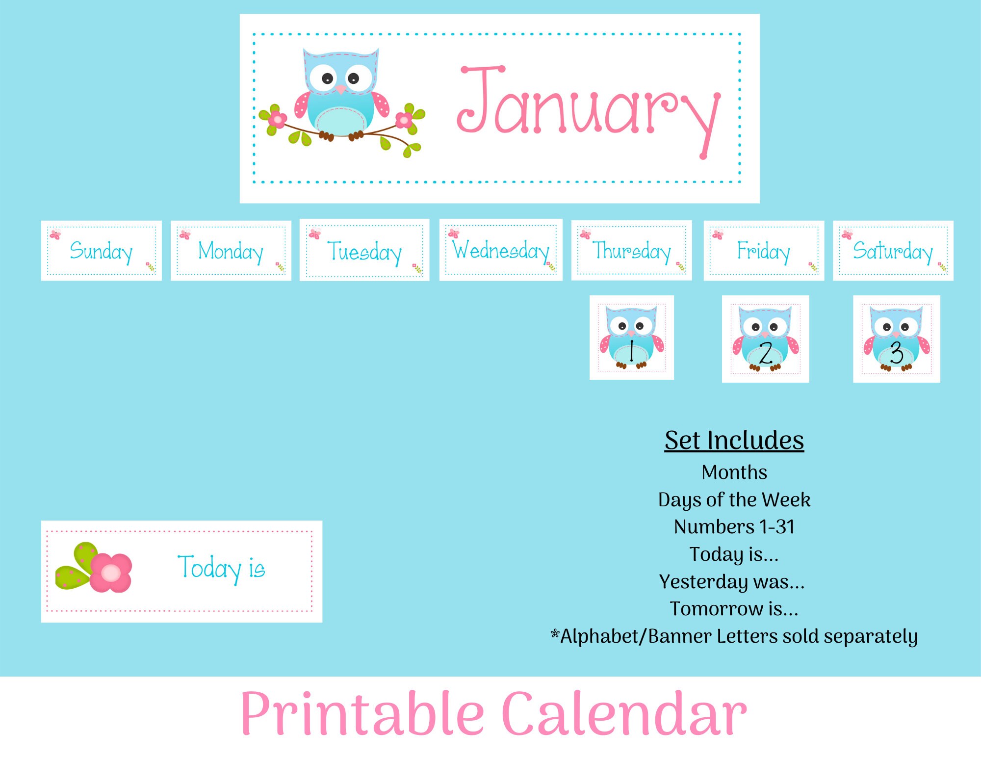 Printable Classroom Calendar Pink and Blue Owl Themed - Etsy