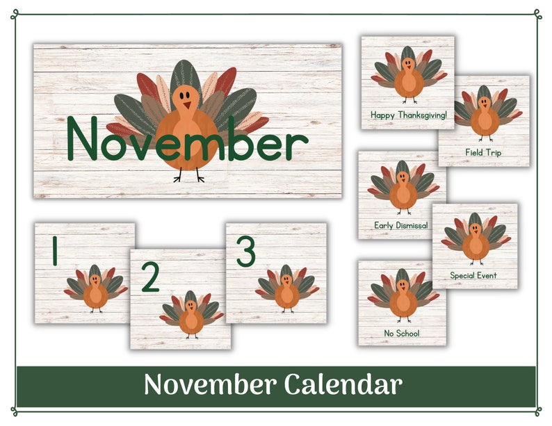 November Turkey Themed Classroom Calendar Header and Numbers - Etsy
