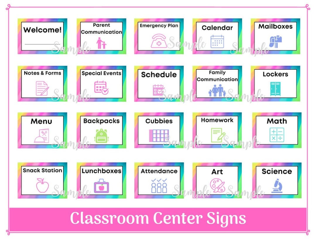 Rainbow Classroom Center Signs: 48 Printable Signs (resizable PNG) - Etsy