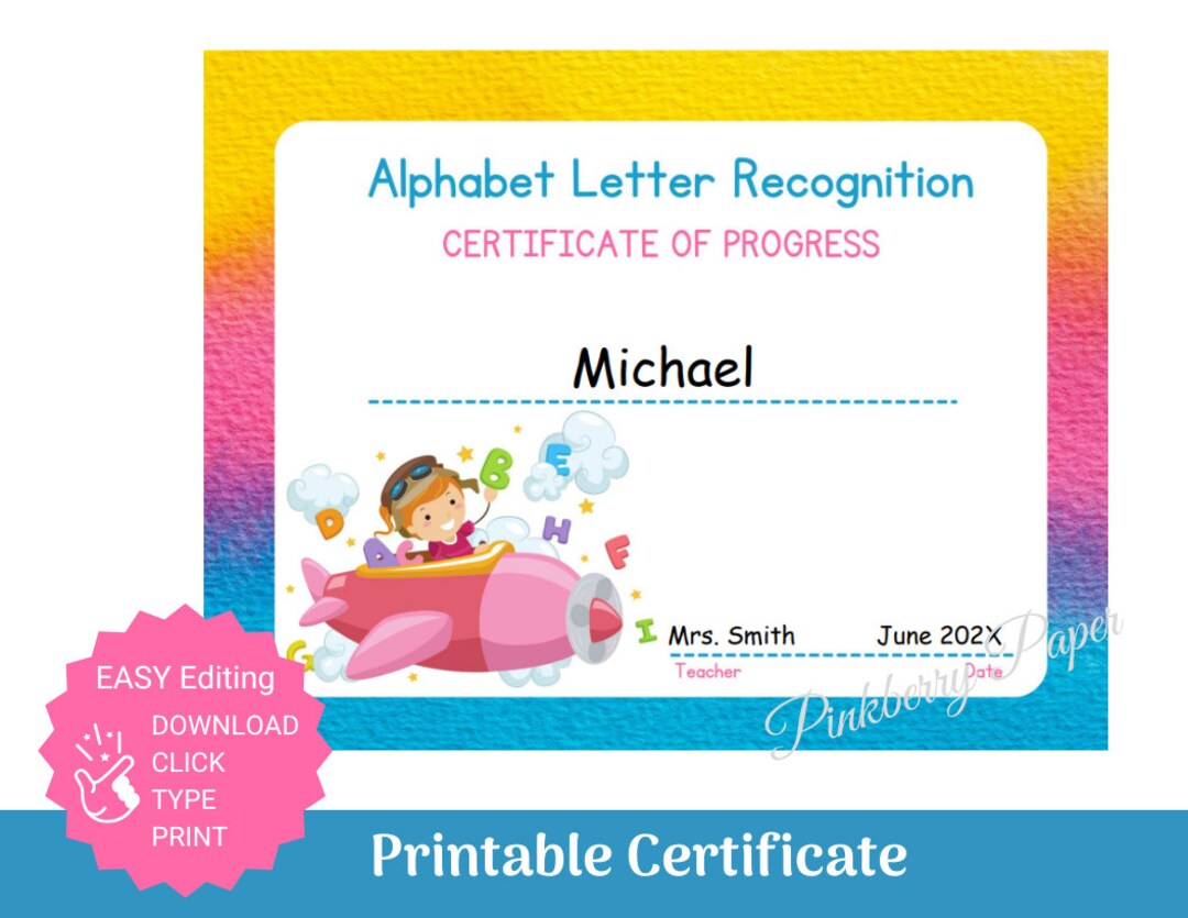 Preschool Letter Recognition Certificate | Cute Alphabet Airplane Award ...