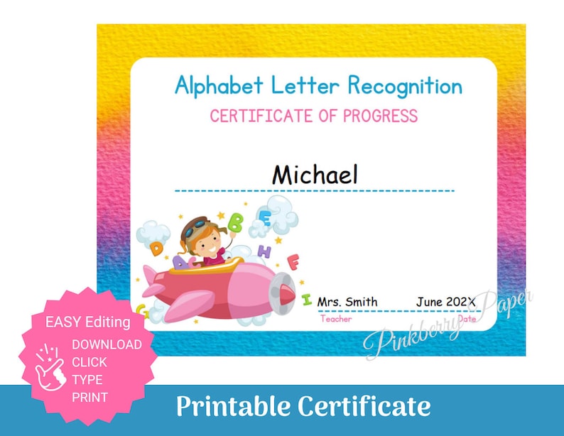 Preschool Letter Recognition Certificate Cute Alphabet - Etsy