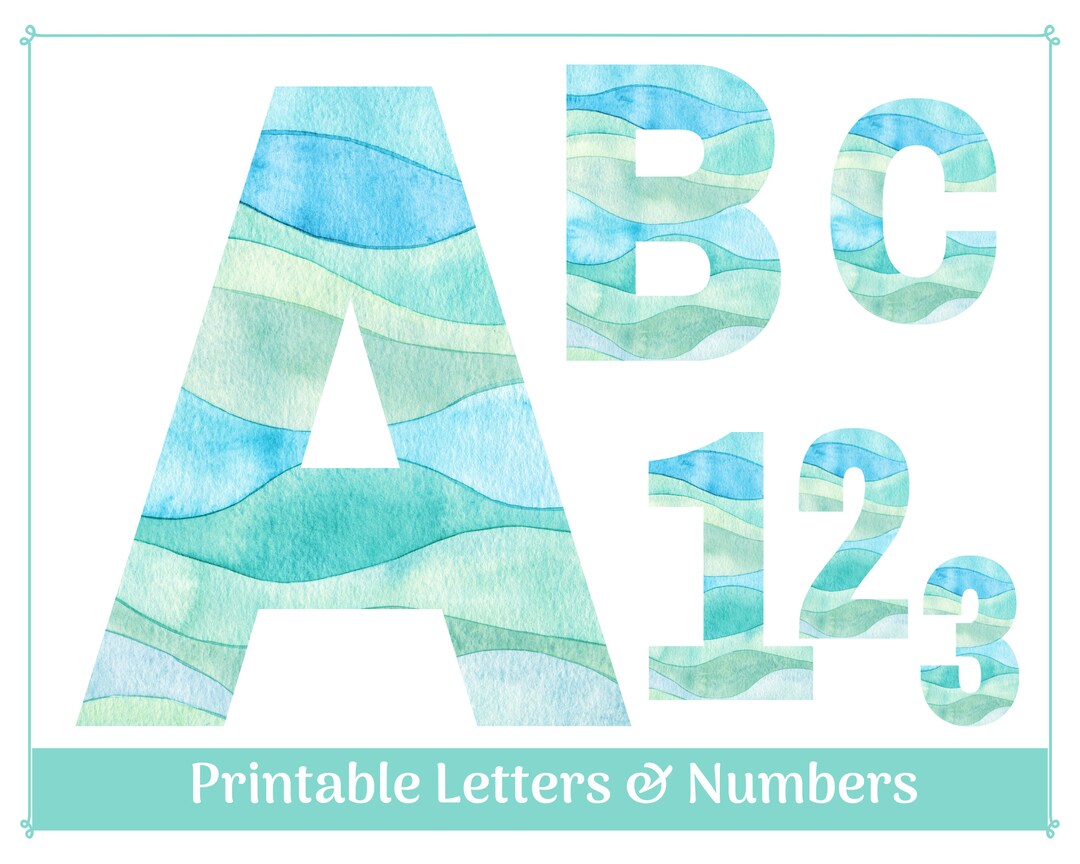 Sea Green Ocean Waves Alphabet Clip Art Letters A-Z, Numbers 0-9 ...