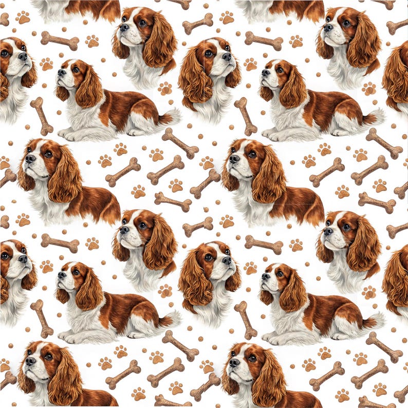 Dog Pattern Digital Paper: Cavalier King Charles Spaniel, Seamless ...