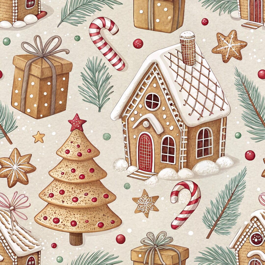Gingerbread House Digital Seamless Pattern, PNG, Christmas Tree Gift ...