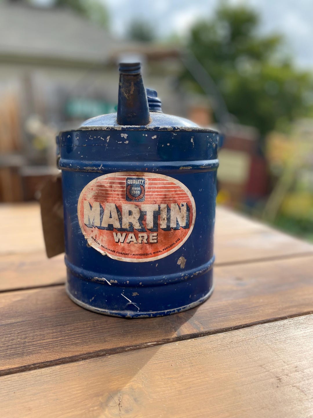 Vintage Blue Metal GAS CAN by Martin Ware, Chippy Rustic Industrial ...