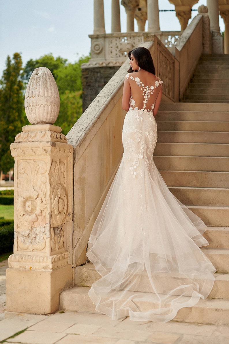 Unique Deep V Floral Lace Mermaid Wedding Dress With Long Train, Fit ...