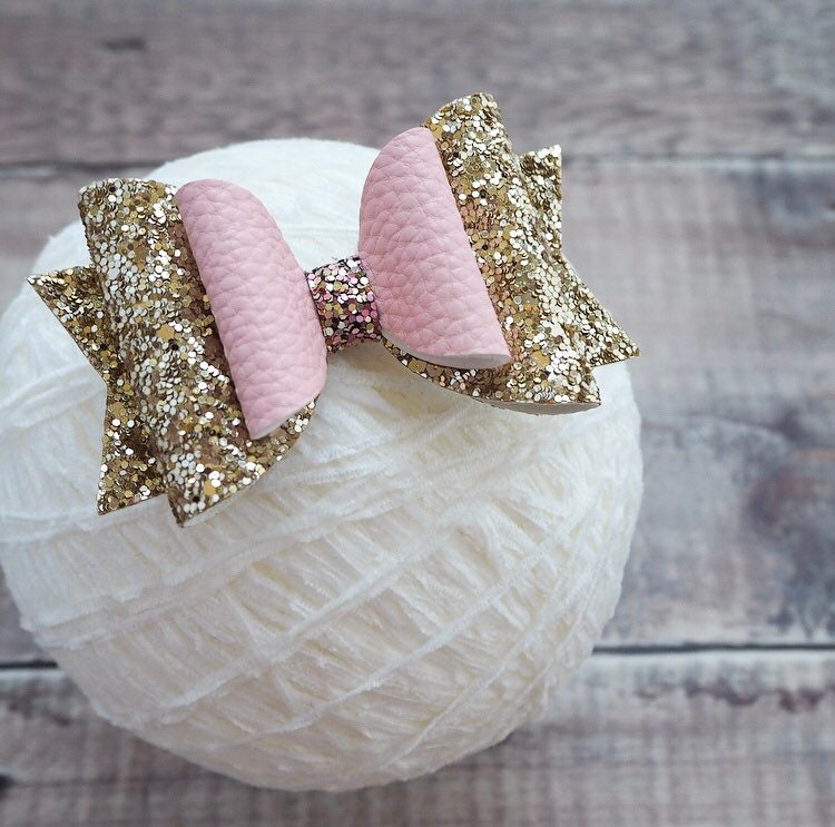 Pink and gold hair bow glitter bow pink bow gold glitter | Etsy
