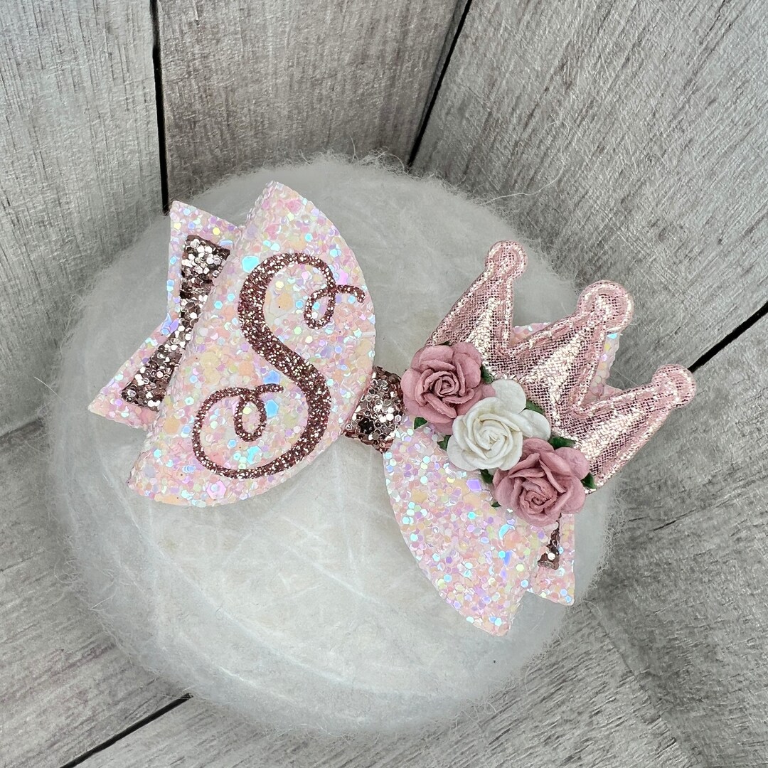Birthday Bow, 1st Birthday, Personalised Bow, Rose Gold Glitter, Crown ...