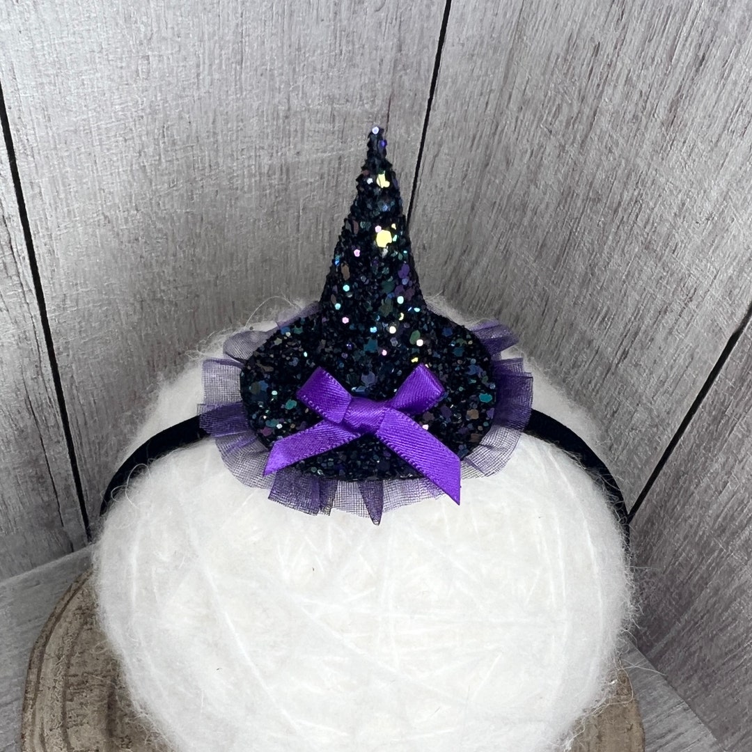 Witch Hat Headband, Halloween Hair Clip, Black Glitter Hairband, Purple ...