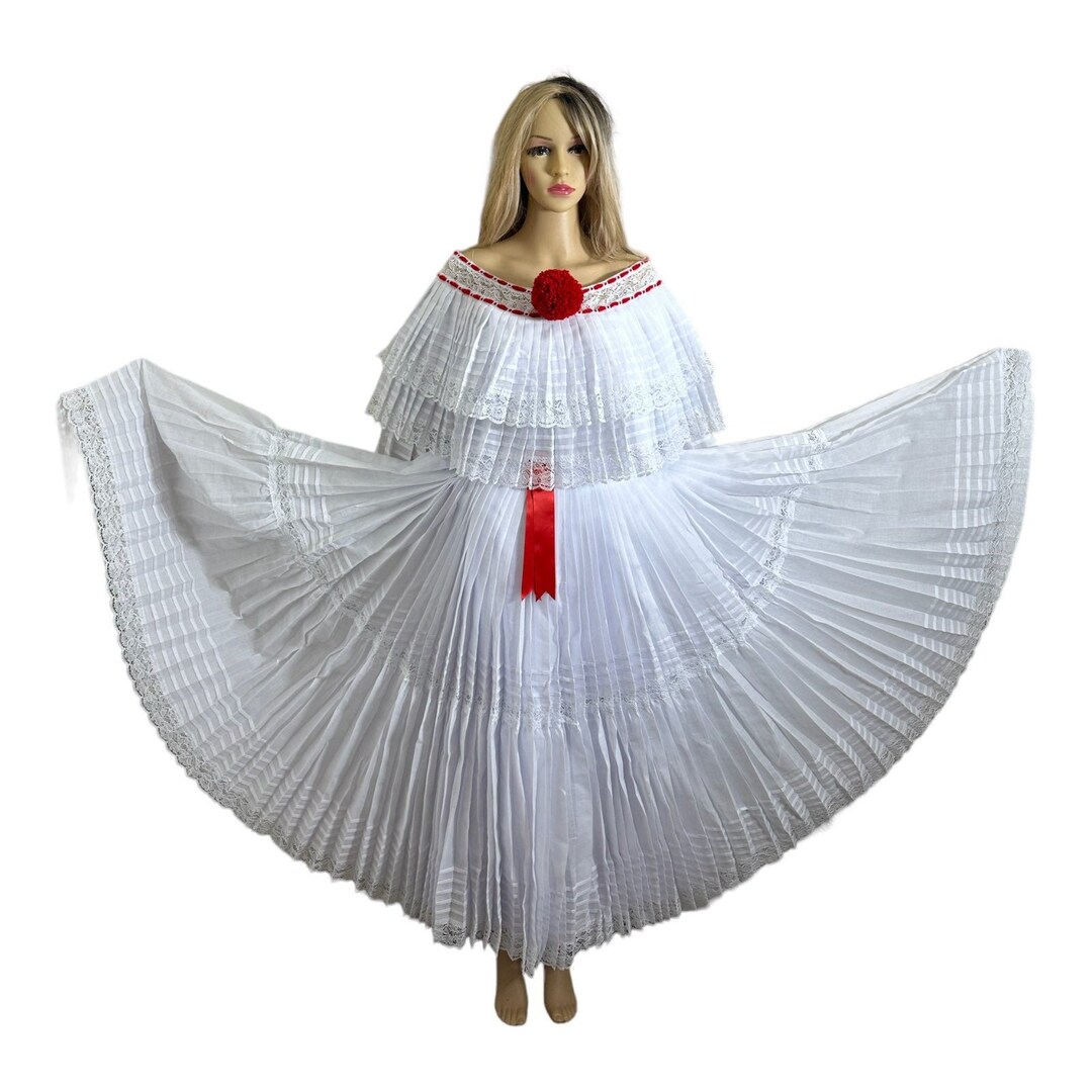 Panamanian Dress White Pollera With Red Pompoms - Etsy