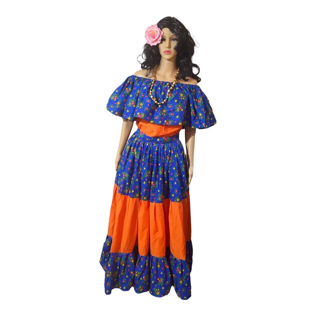 Panamanian Dress, Multicolor Pollera Congo De Metidos With Blue-orange ...