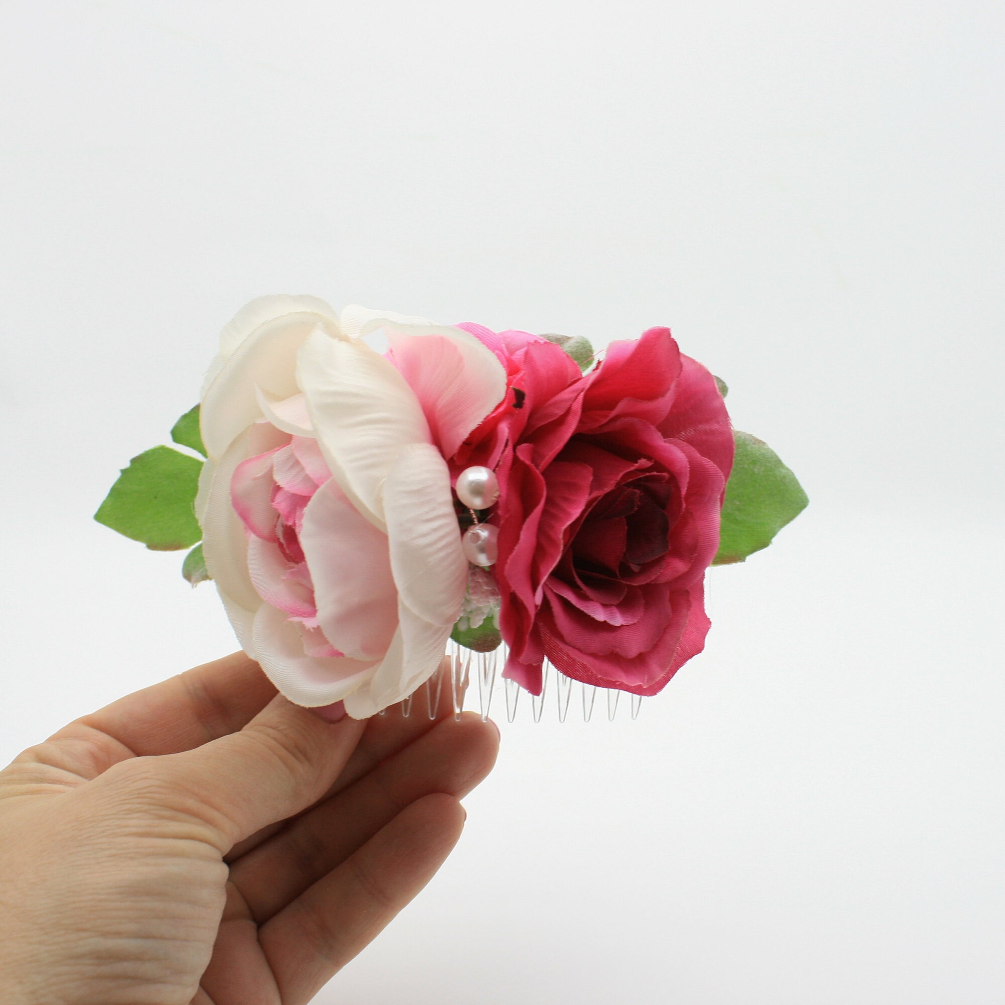 Blush Pink Rose Hair Comb Wedding Flower Comb Hot Pink Bridal Headpiece ...
