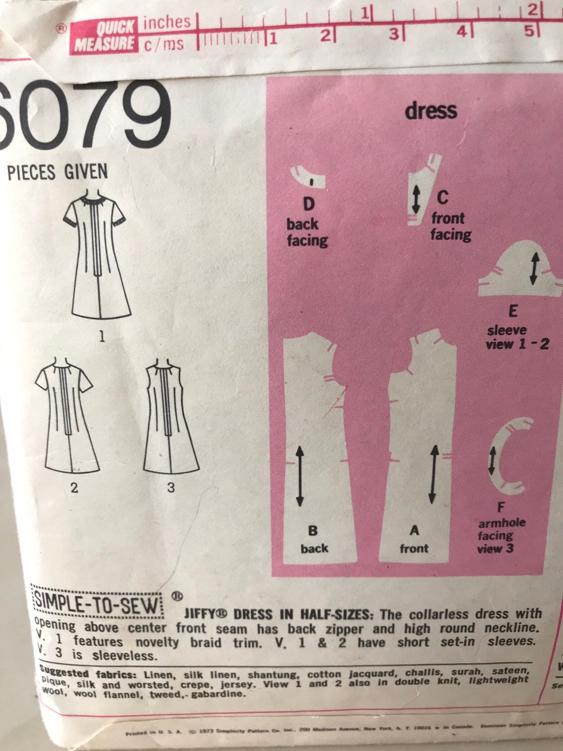 Vintage Simplicity Jiffy Dress Pattern 6079 From 1973 - Etsy