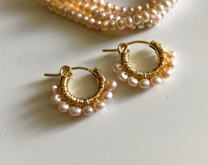 Dainty Pink Pearl Hoop Earring, Tiny Hoop Earring, Freshwater Pearl ...