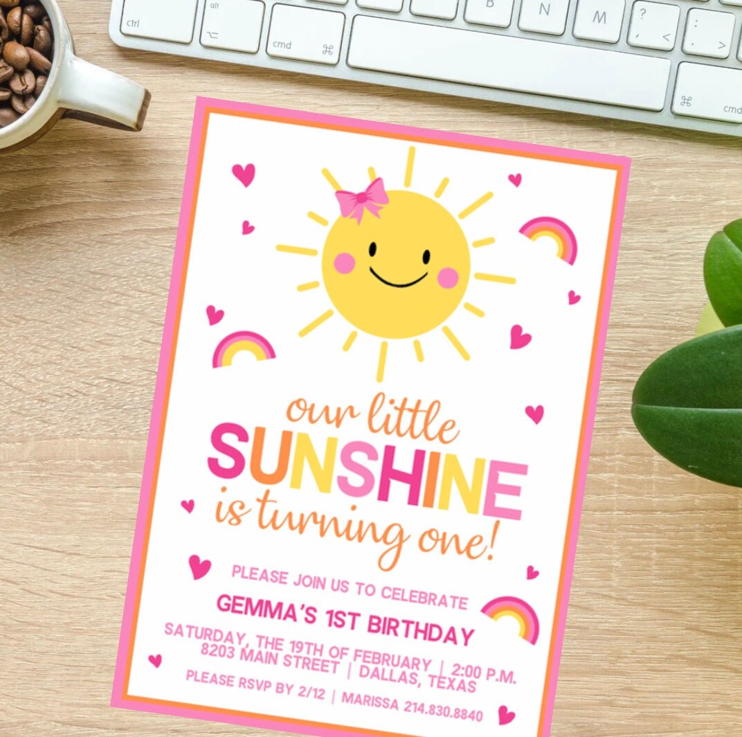 Kids Baby Birthday Invite Invitation Printable Digital Sunshine Rainbow ...