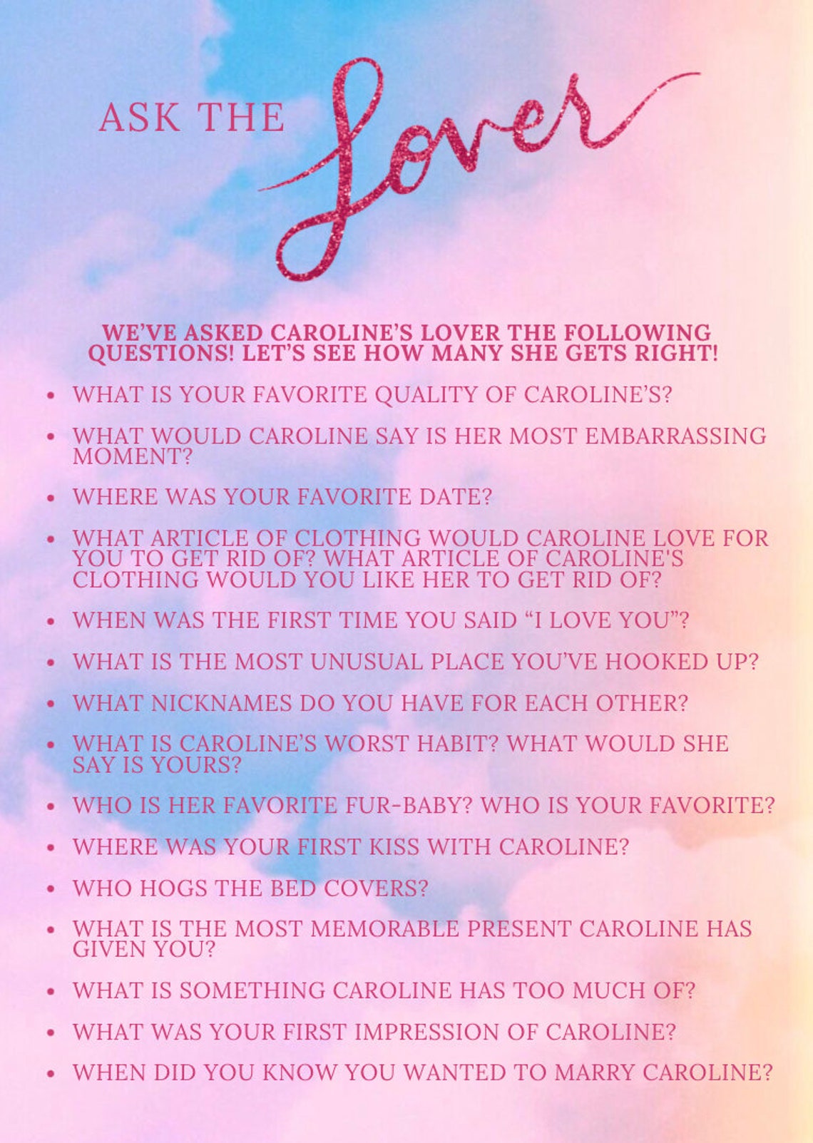 TAYLOR SWIFT Game Ask the Lover customized Printable bridal - Etsy