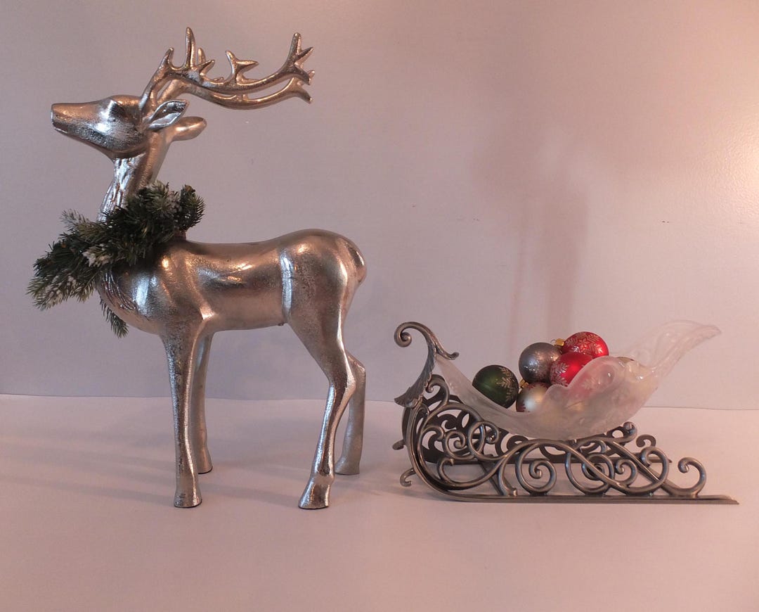 Vintage Large Silver Metal Deer With Sleigh - Etsy