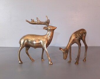 Set of 2 Vintage MCM Brass Deer Figurines, Solid Brass, Doe and Buck ...