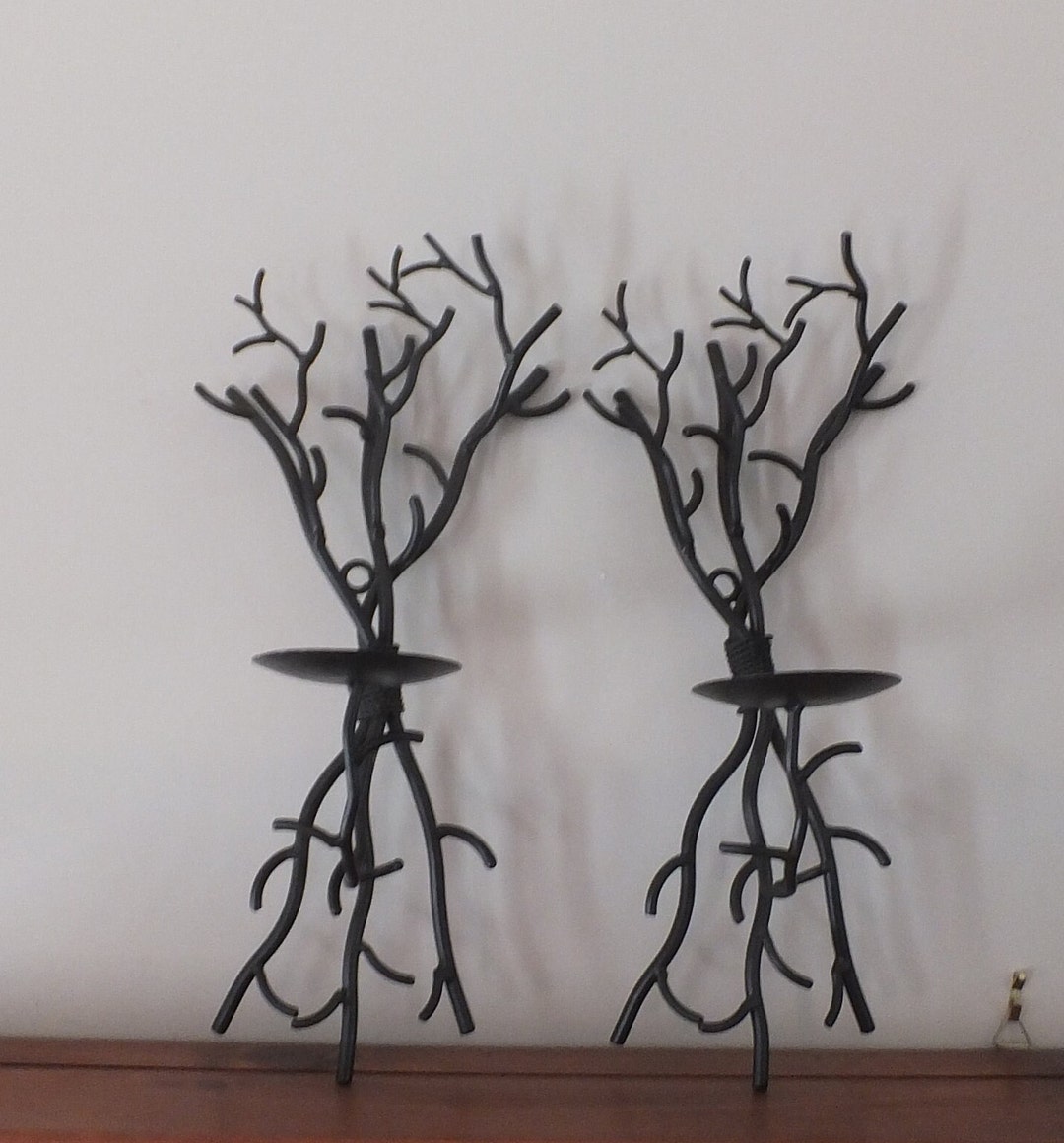 Forged Iron Tree Branch Wall Mount Pillar / Sconce Candle Holders Set ...