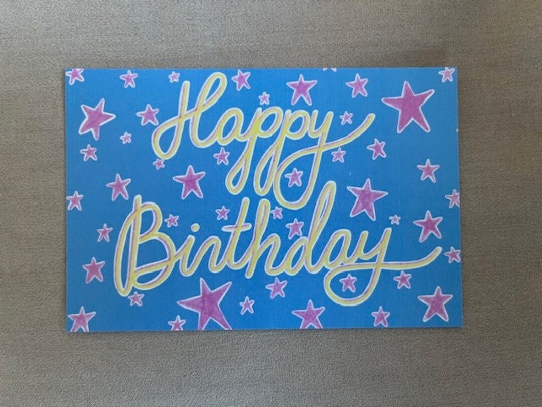 Birthday Card Cursive Happy Birthday With Stars Hand Drawn - Etsy