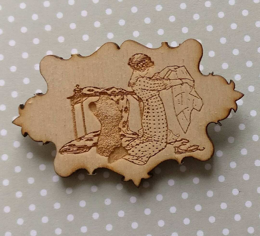 Vintage Lady Sewing, Lasered Wood Brooch - Etsy
