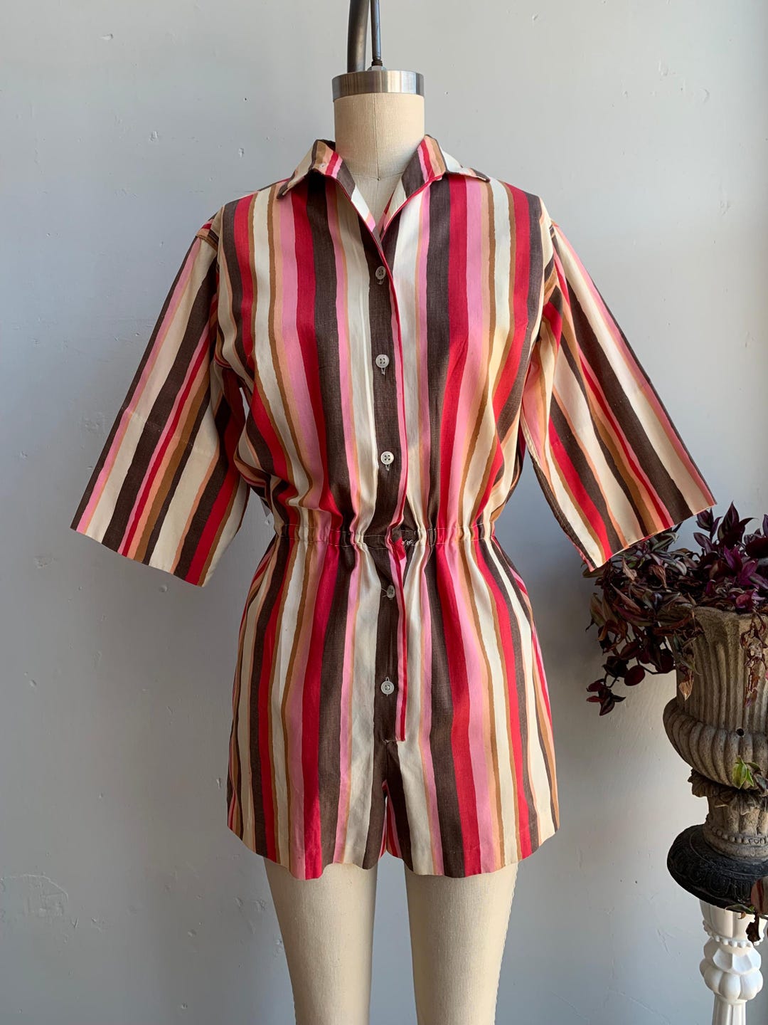 1950s 50s Vintage Pink & Brown Striped Cotton Romper Playsuit by ...