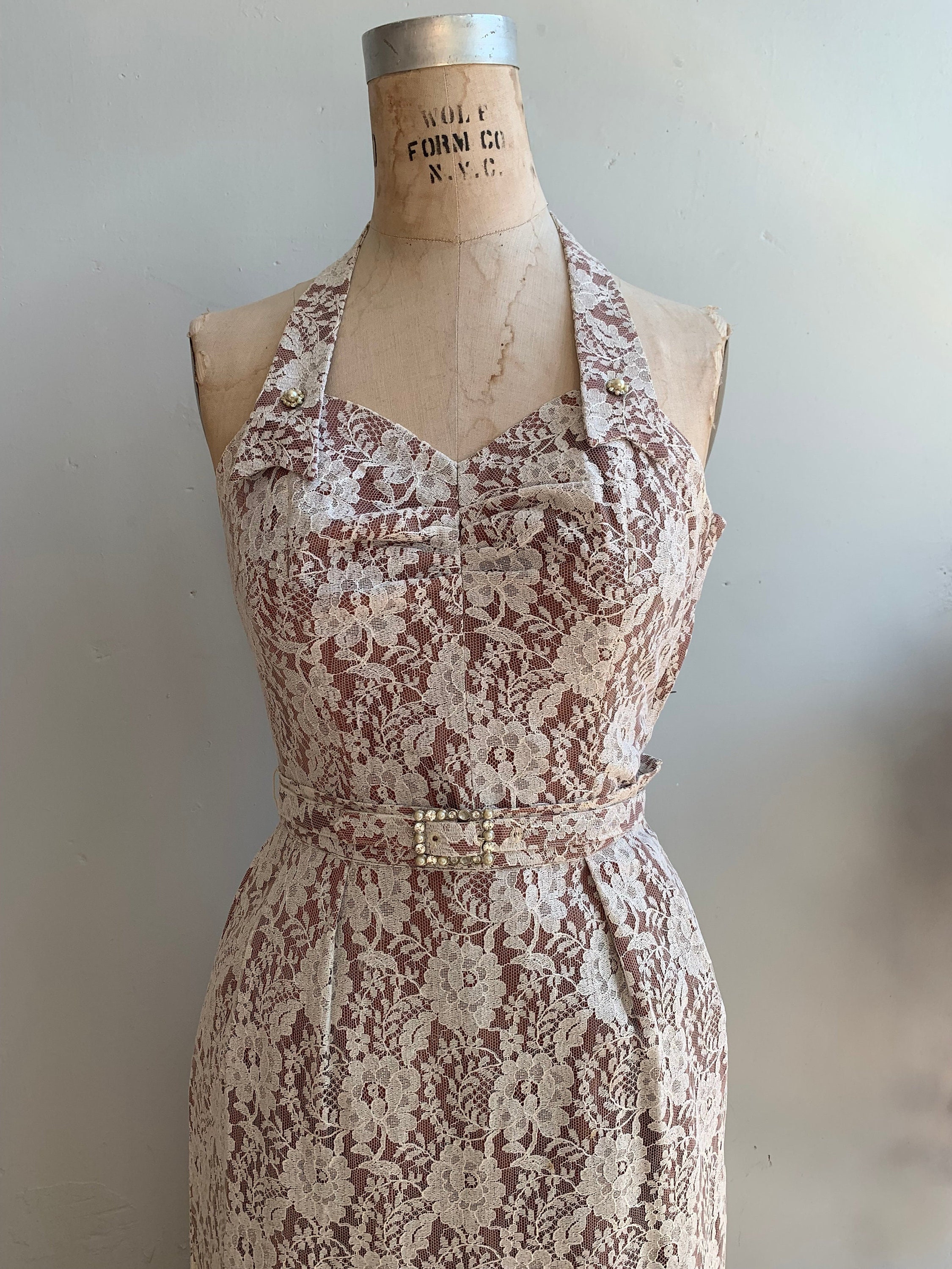 1950s 50s Vintage Pinup Retro Four Piece Ivory & Taupe Lace Halter ...