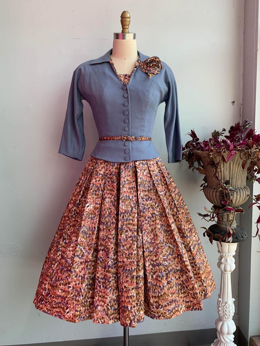 1950s 50s Vintage Brush Stroke Floral Print Dress & Cornflower Blue Wool Jacket Set by Ann Marsh ...