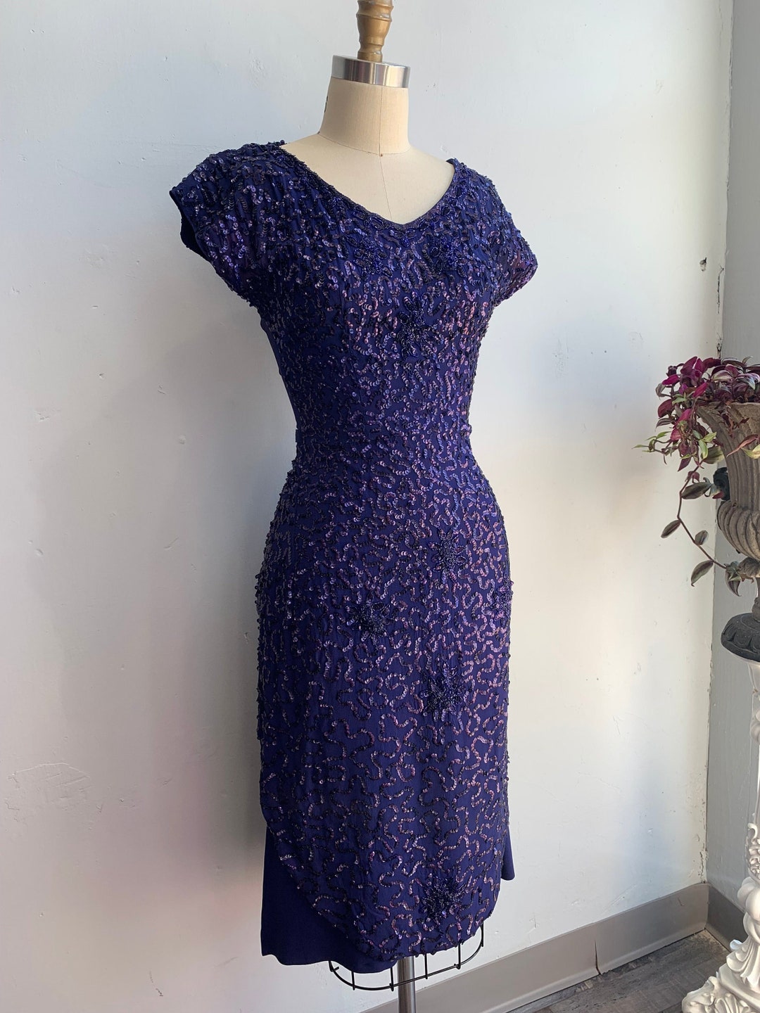 1940s 40s Vintage Glam Cobalt Blue Sequin Cold Rayon Dress With Back ...