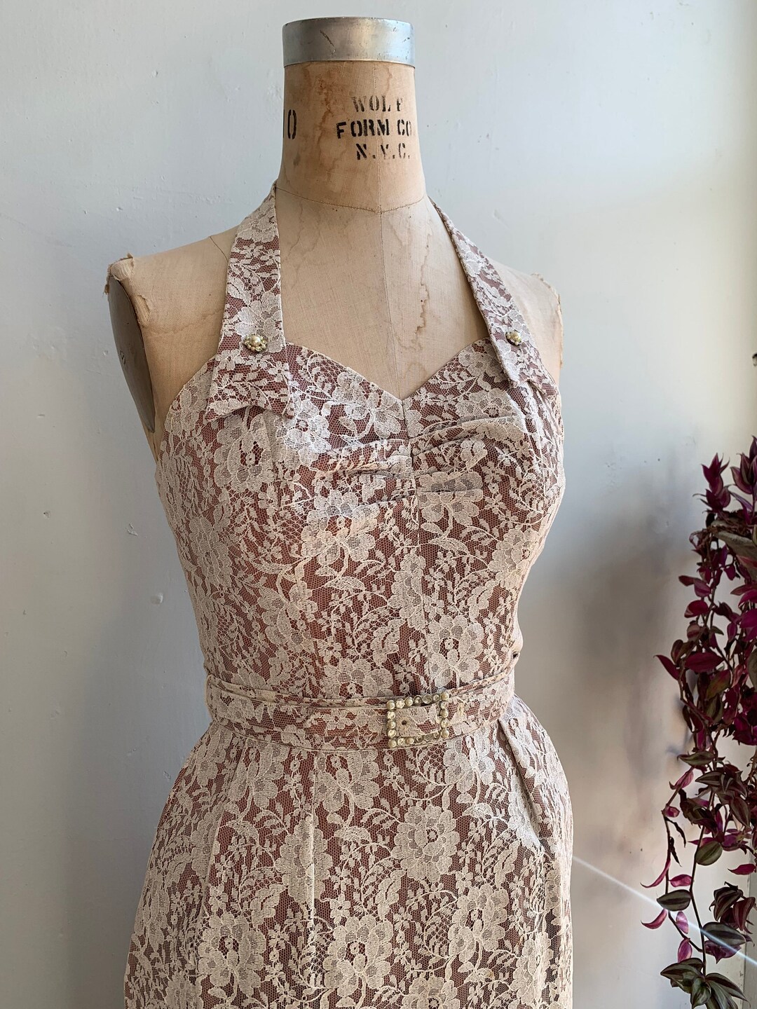 1950s 50s Vintage Pinup Retro Four Piece Ivory & Taupe Lace Halter ...