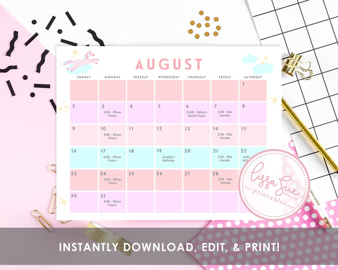 Editable Kids Monthly Schedule: Unicorn Rainbow Calendar (printable PDF ...