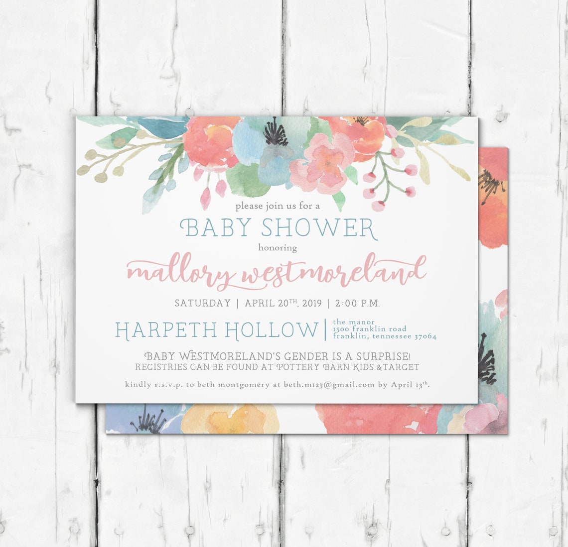 Spring Floral Baby Shower Invitation Blue & Pink Baby Boy - Etsy