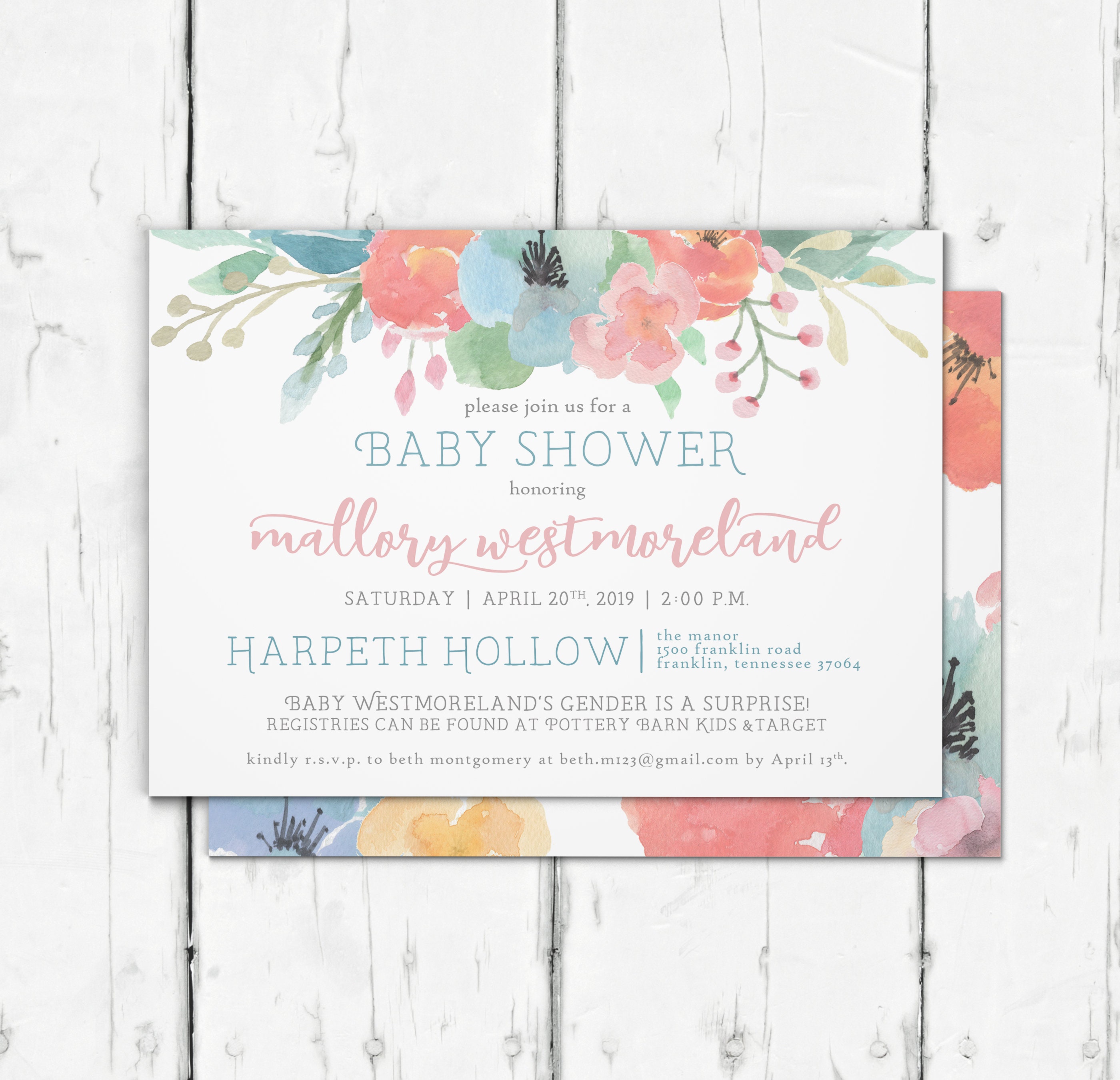 Spring Floral Baby Shower Invitation, Blue & Pink Baby Boy, Baby Girl ...