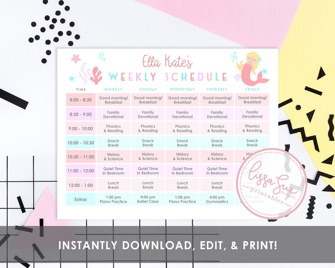 Mermaid Kids Weekly Schedule: Editable Homeschool Printable (PDF) - Etsy