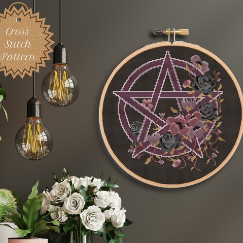 Occult DIY Kit Satanic Temple Floral Pentacle Counted Cross Stitch Kit ...