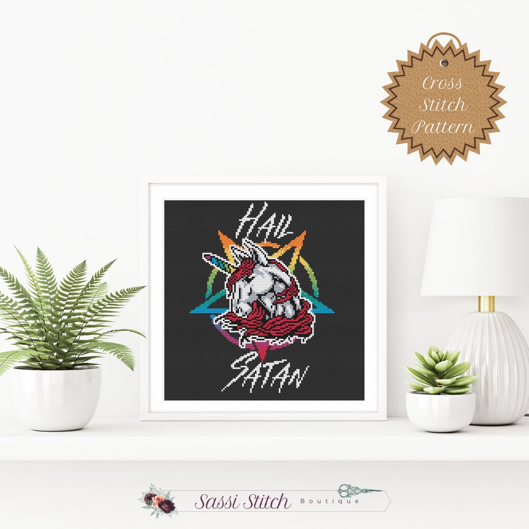 Counted Cross Stitch Pattern: Hail Satan, Rainbow Unicorn, Pentagram ...