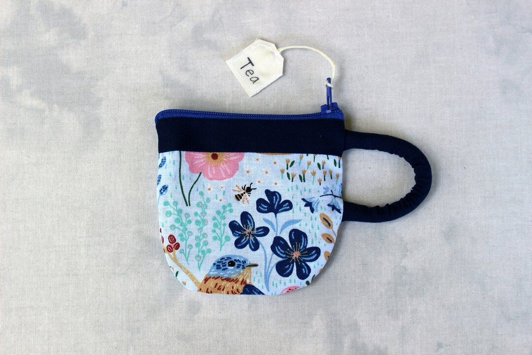 Teacup Pouch Flowers & Bird, Floral Bees Birds, Zip Pouch, Coin Purse ...
